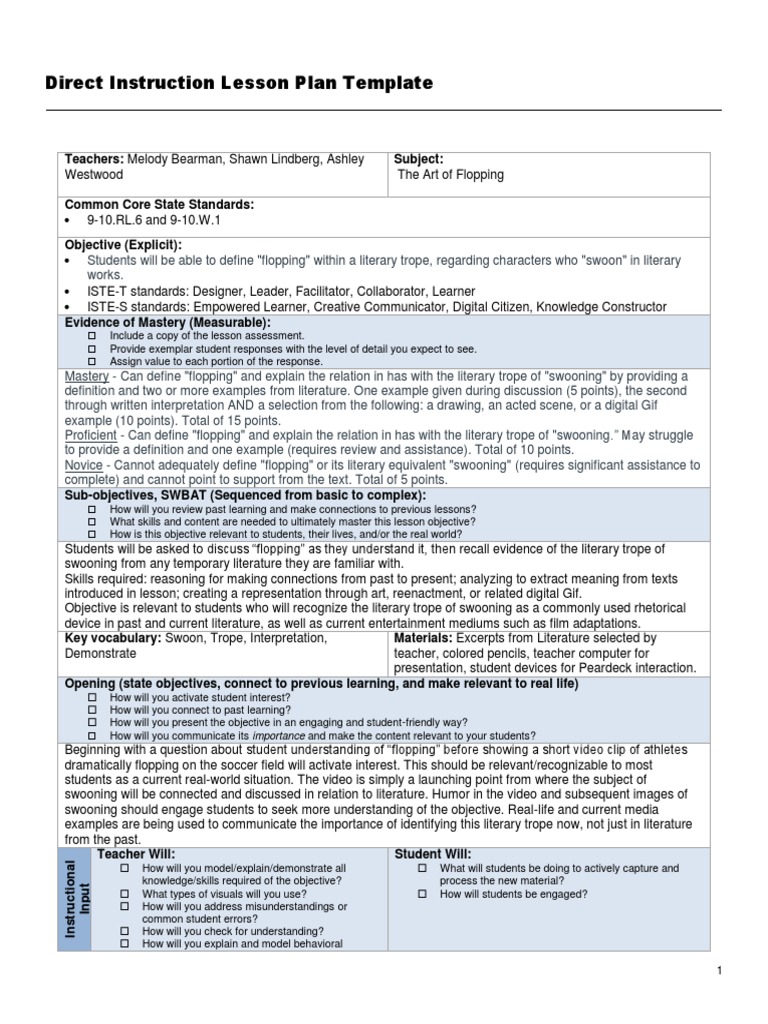 Direct Instruction Lesson Plan: Flopping | PDF | Teachers | Lesson Plan