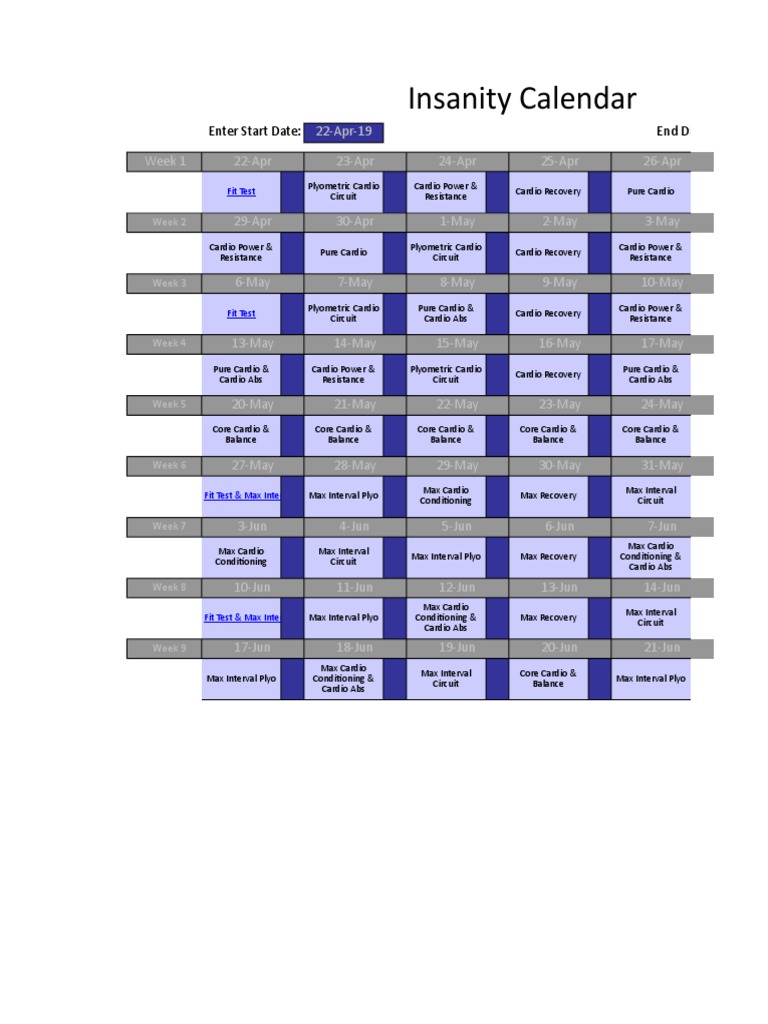 Insanity Calendar: Enter Start Date: End Date | PDF | Physical Exercise ...