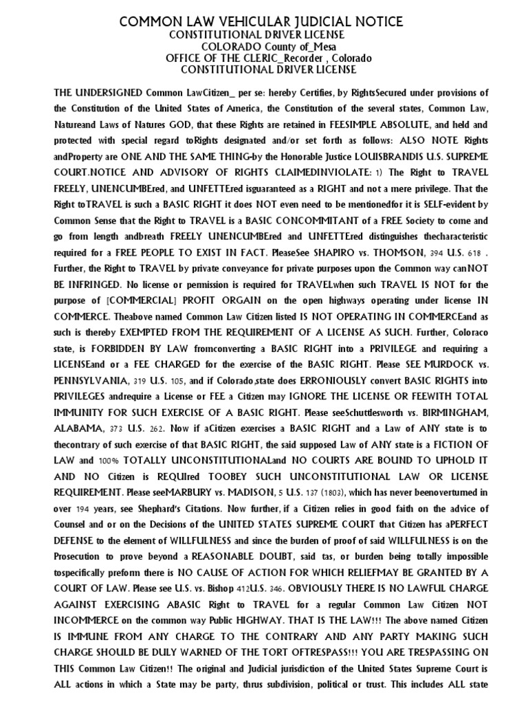 Common Law Vehicular Judicial Notice | PDF | Freedom Of Movement ...