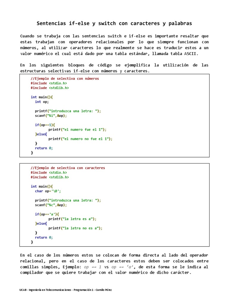 Sentencias If-Else y Switch Con Caracteres y Palabras | PDF | Cadena ...