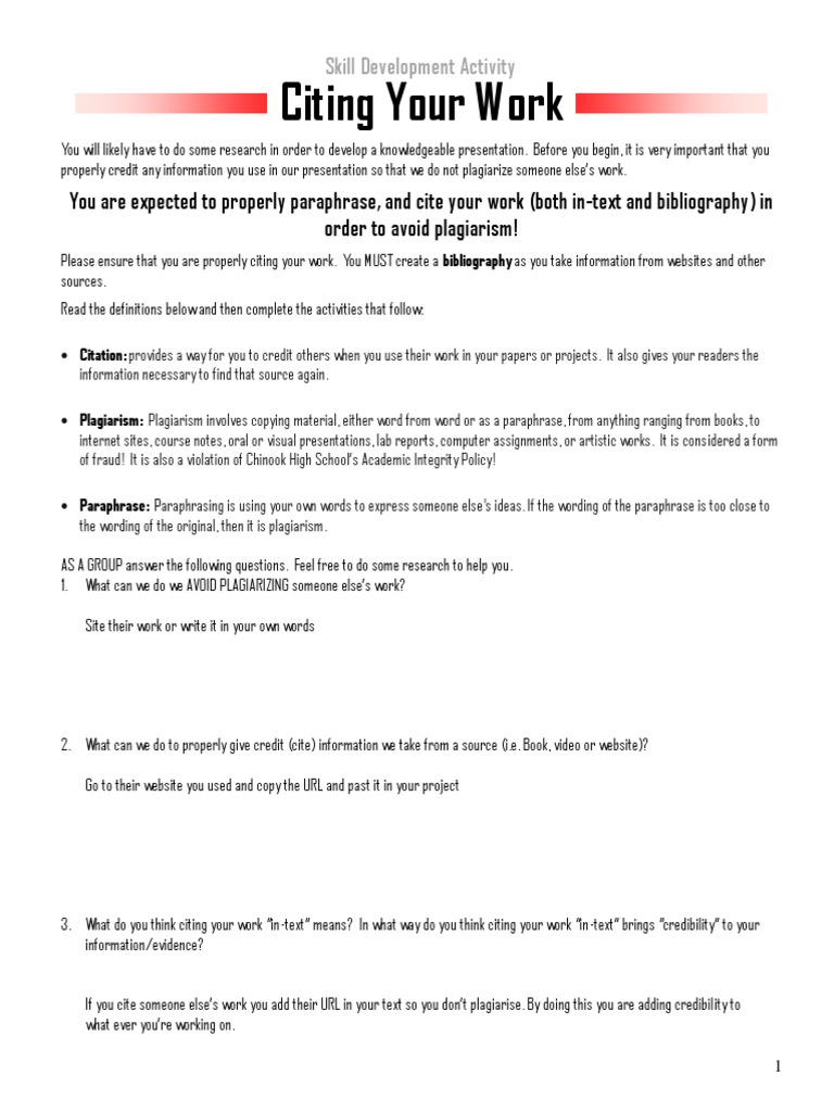 Citing Your Work Activity | PDF | Citation | Plagiarism