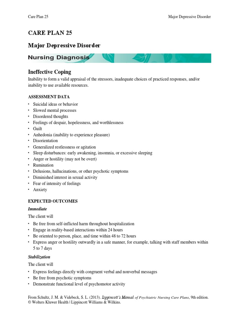 Care Plan 25 Major Depressive Disorder: Ineffective Coping | PDF ...