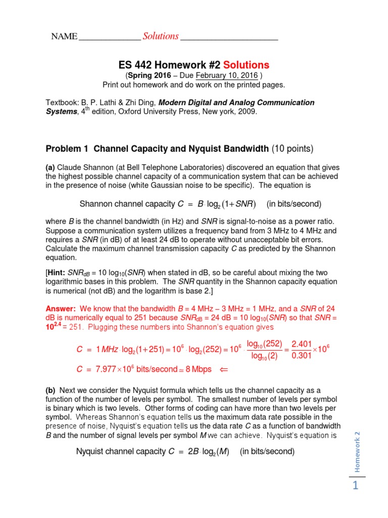 ES 442 Homework #2: NAME | PDF | Signal To Noise Ratio | Bandwidth (Signal Processing)