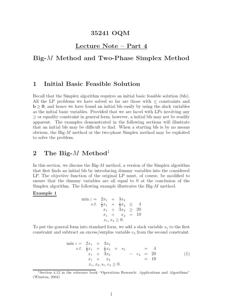 OQM Lecture Note - Part 4 Big-M Method and Two-Phase Simplex Method | Download Free PDF ...