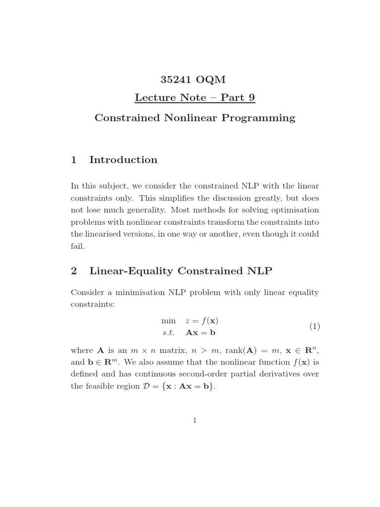 OQM Lecture Note - Part 9 Constrained Nonlinear Programming | PDF ...
