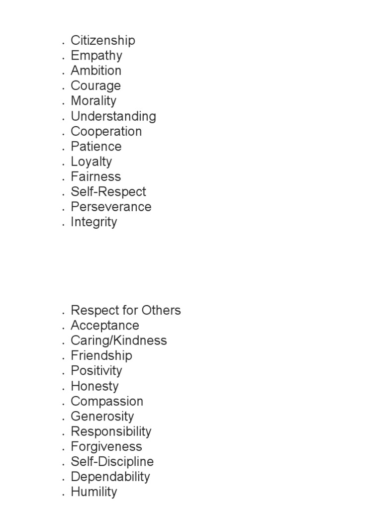 Citizenship Empathy Ambition Courage Morality Understanding Cooperation ...