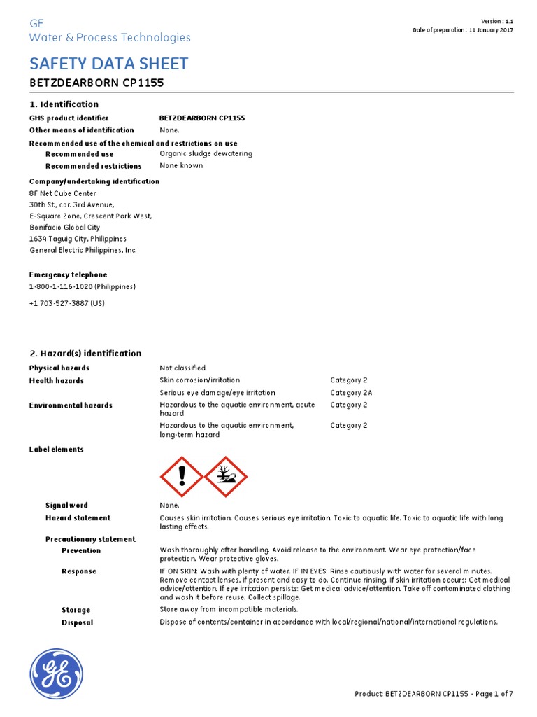 Betzdearborn CP1155 | PDF | Toxicity | Packaging And Labeling