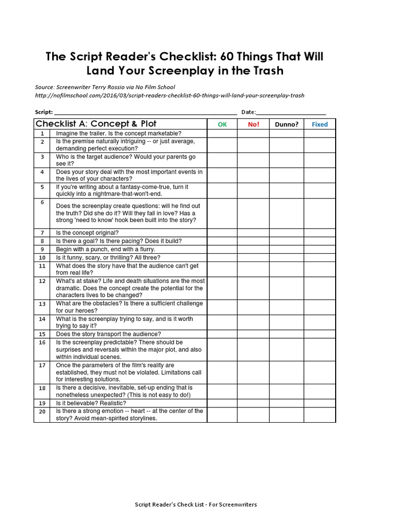 Script Reader's Checklist for Screenwriters | Screenplay | Plot (Narrative)