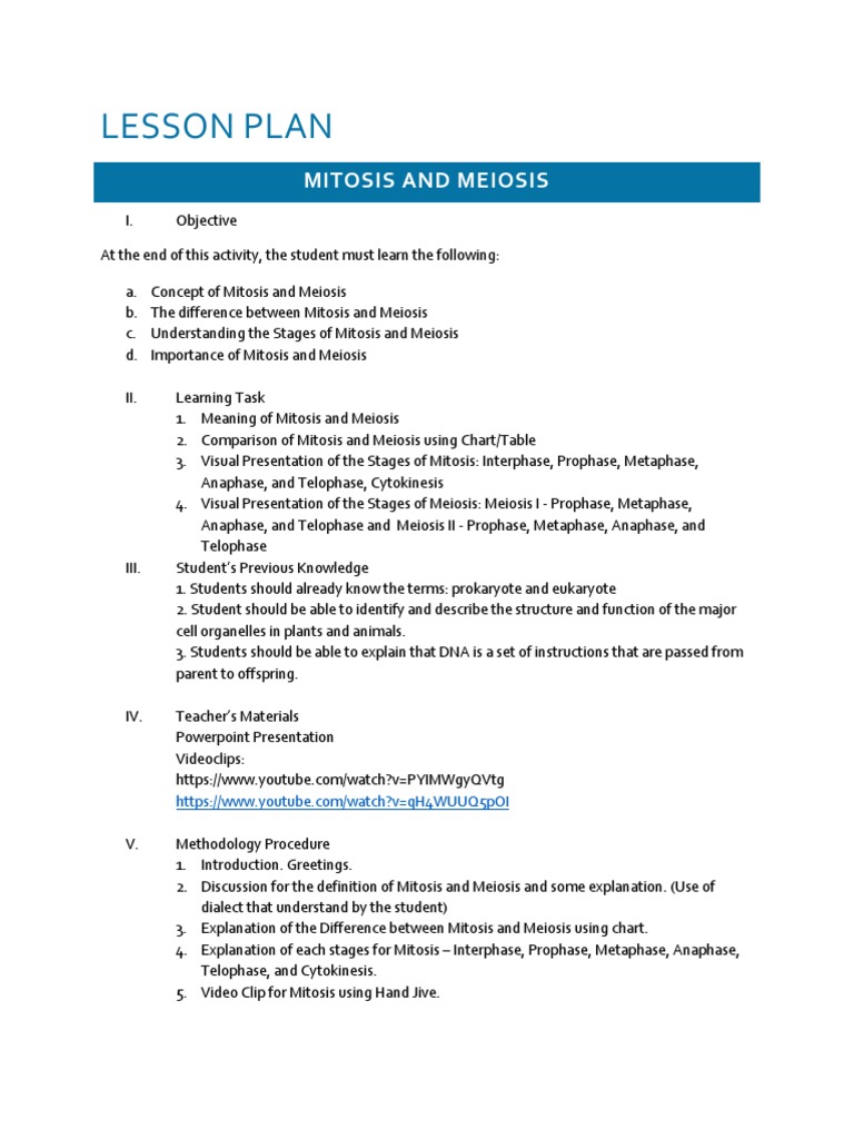 Detailed Lesson Plan | PDF | Meiosis | Mitosis