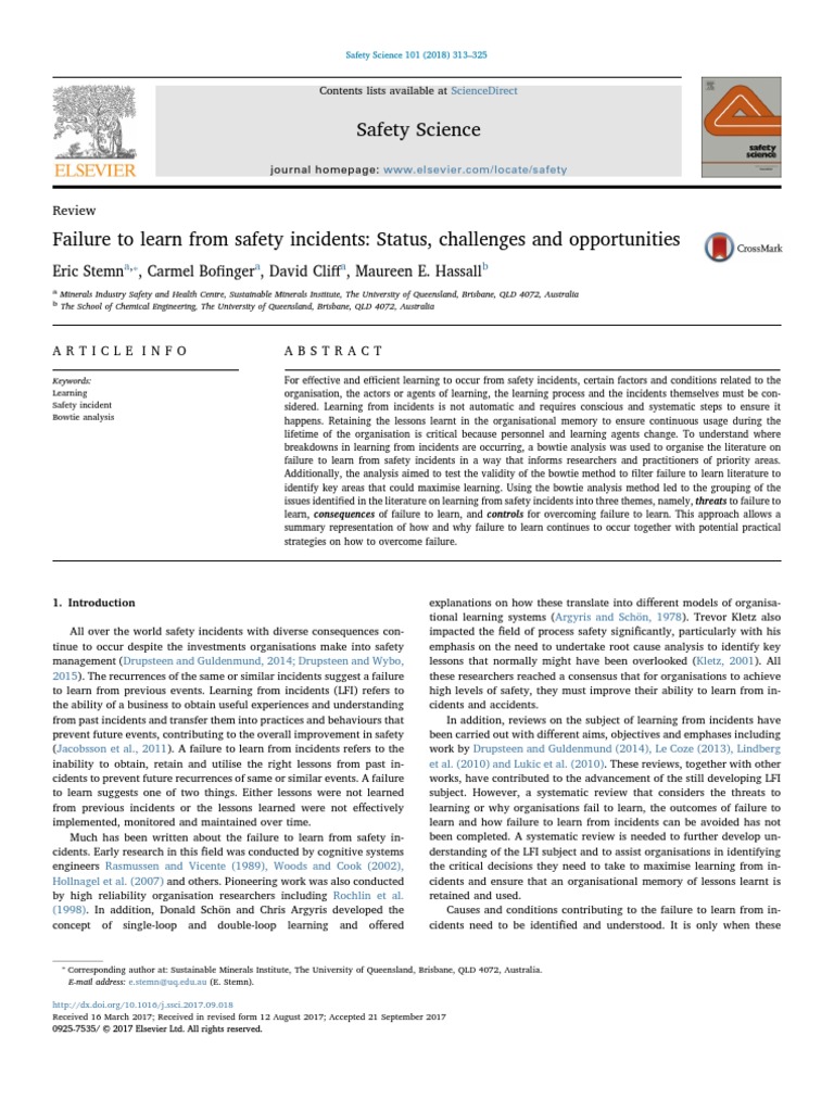 Failure To Learn From Safety Incidents - Status, Challenges and ...