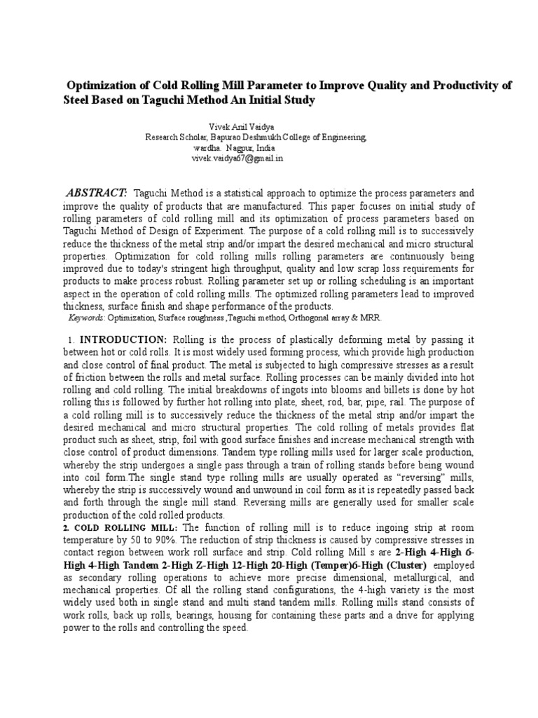 Optimization of Cold Rolling Mill Parame | PDF | Rolling (Metalworking) | Mathematical Optimization