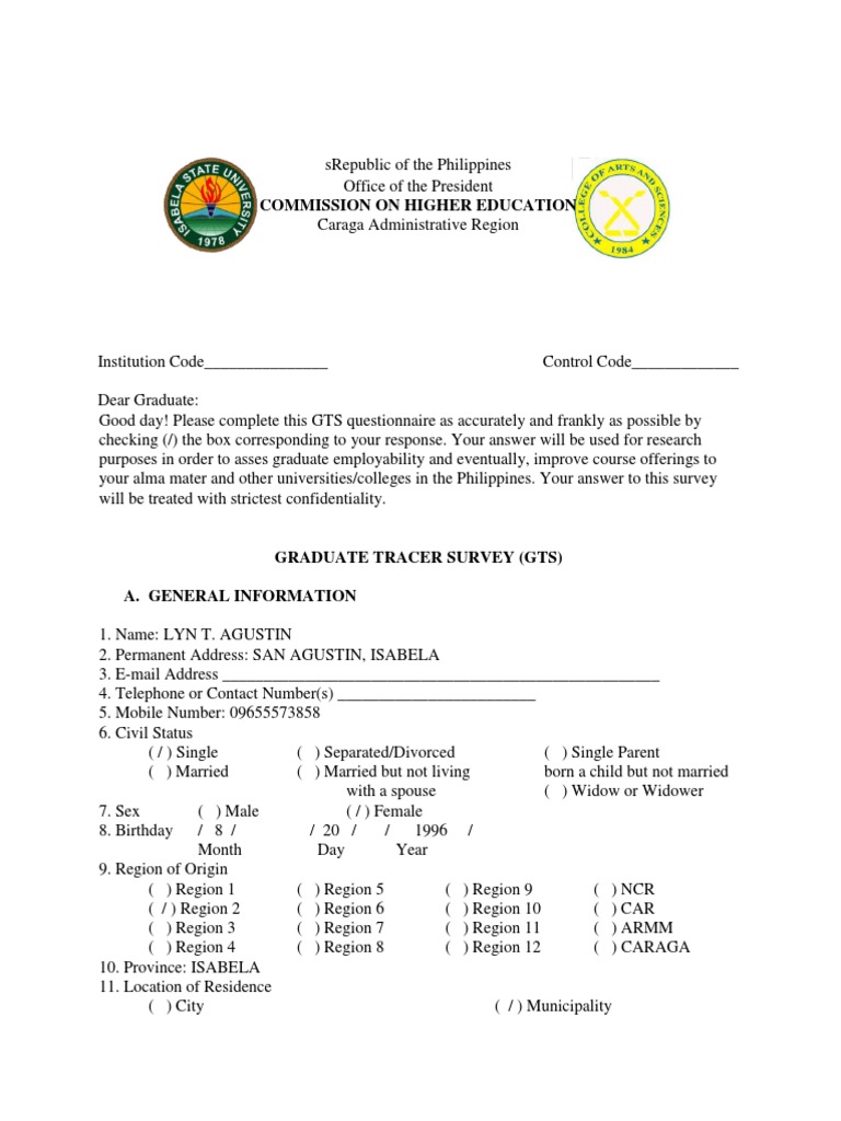 LYN AGUSTIN Questionnaire For Tracer Study | PDF | Academic Degree | Employment
