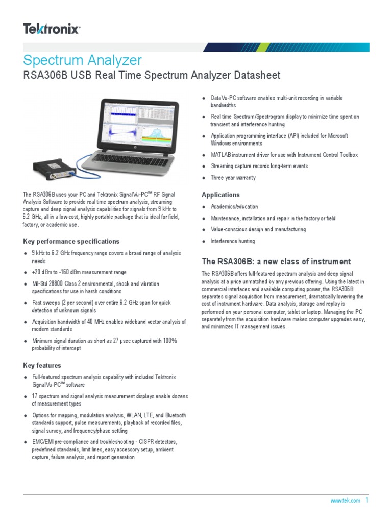 RSA306B USB Real Time Spectrum Analyzer Datasheet 37W603759 | PDF | Frequency Modulation | Hertz