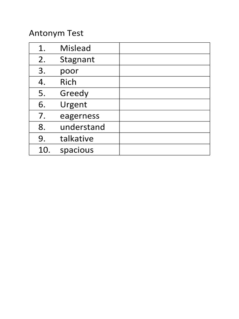 Antonym Test 1. Mislead 2. Stagnant 3. Poor 4. Rich 5. Greedy 6. Urgent ...