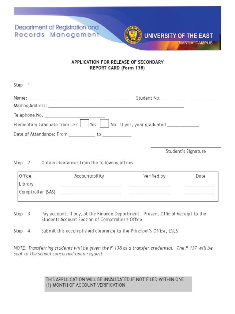 Application For Release of Secondary REPORT CARD (Form 138) : Sent To ...