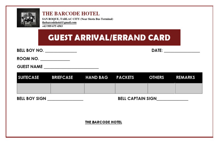 Guest Arrival/Errand Card: The Barcode Hotel | PDF