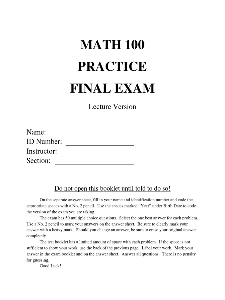 Math 100 Practice Final Exam Lecture Pdf Area Volume