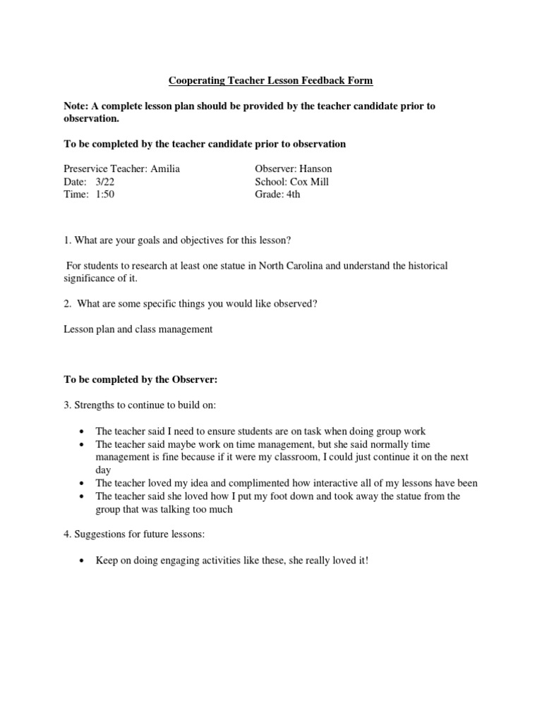 Teacher Feedback Form for Lesson Observations | PDF