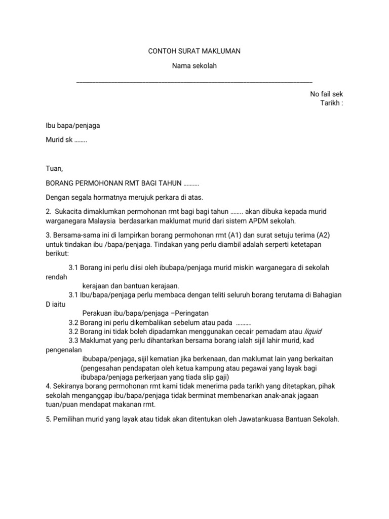 Contoh Surat Makluman RMT | PDF