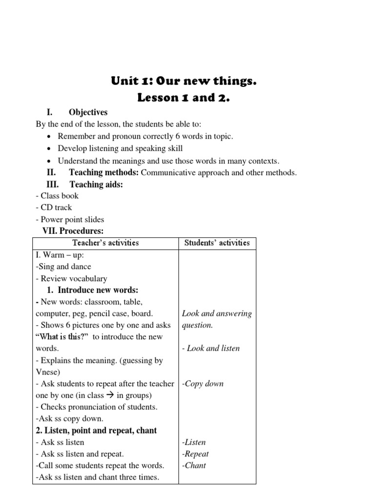 Unit 1: Our New Things. Lesson 1 and 2.: I. Objectives | PDF | Teachers ...