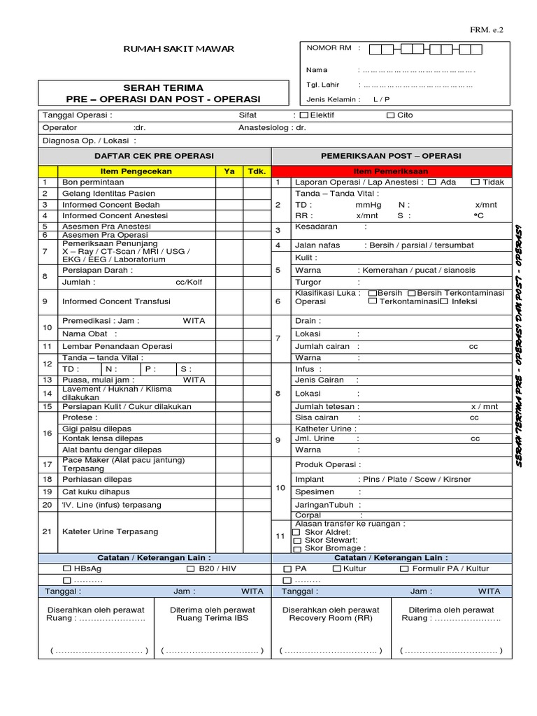 Form Serah Terima Pre Operasi Dan Post Operasi | PDF
