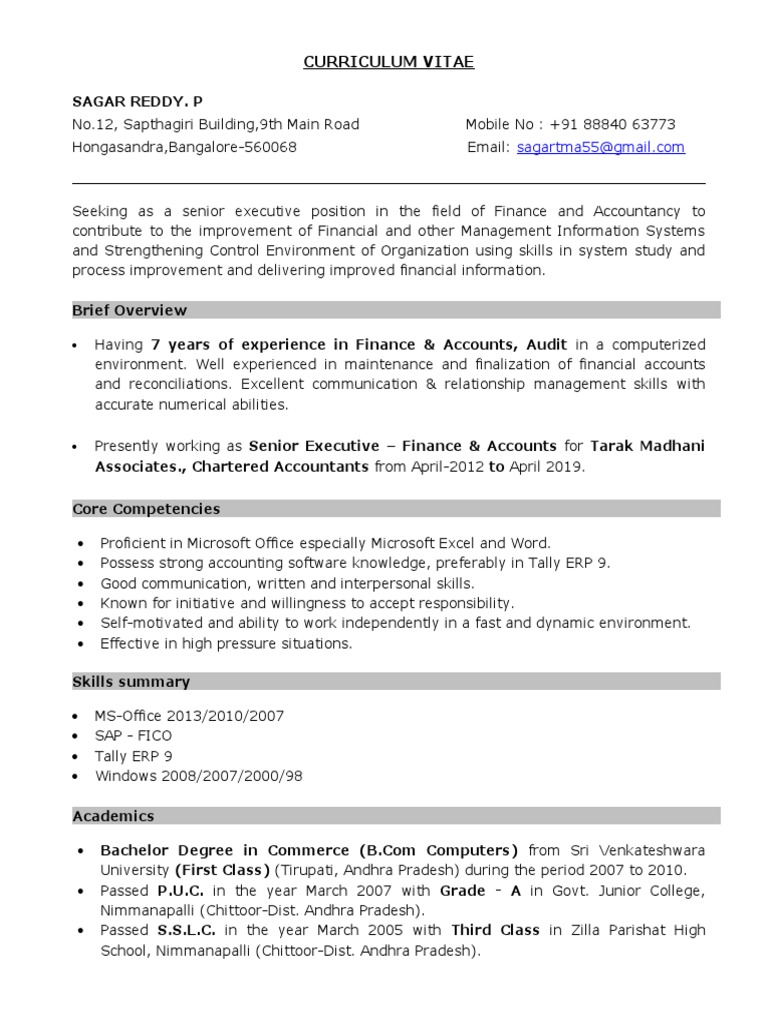 Curriculum Vitae: Sagar Reddy. P | Download Free PDF | Debits And Credits | Accounting
