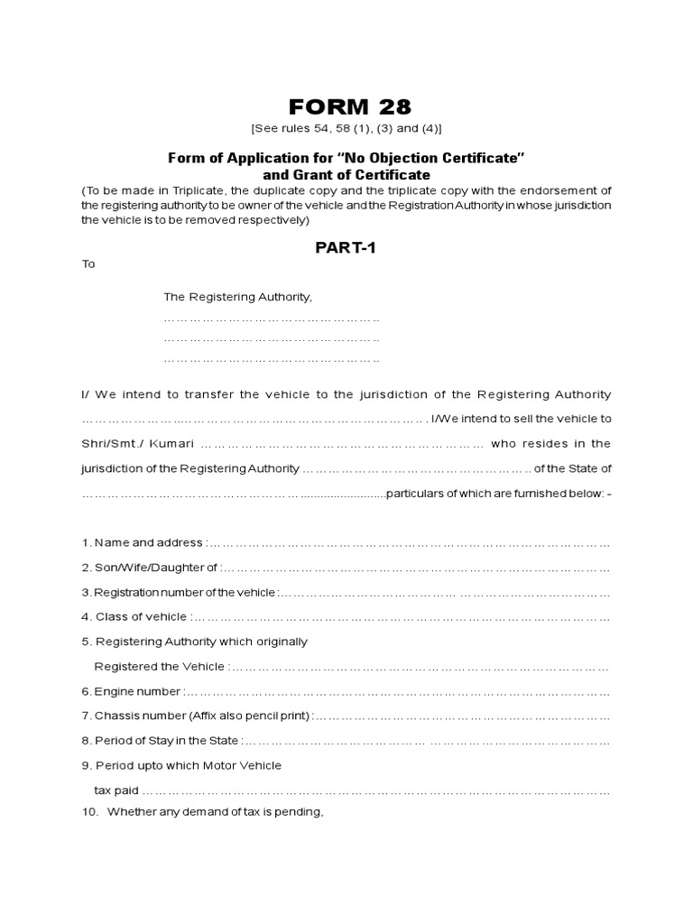 Form 28: Form of Application For "No Objection Certificate" and Grant ...