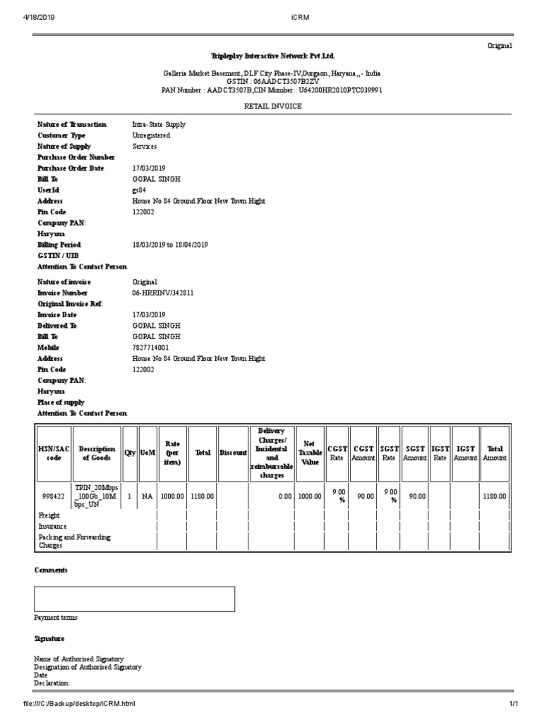 Internet Bill Format | PDF | Invoice | Market (Economics)