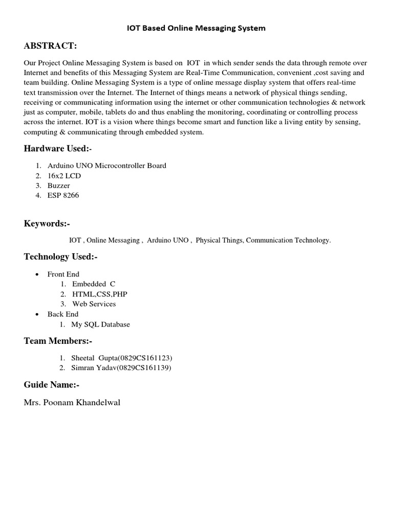 IOT Based Online Messaging System Abstract:: Mrs. Poonam Khandelwal | PDF