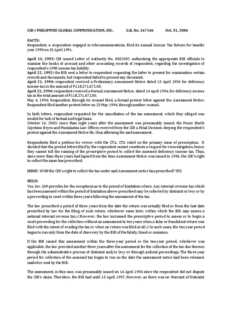 CIR V Philippine Global Communication | PDF | Statute Of Limitations ...