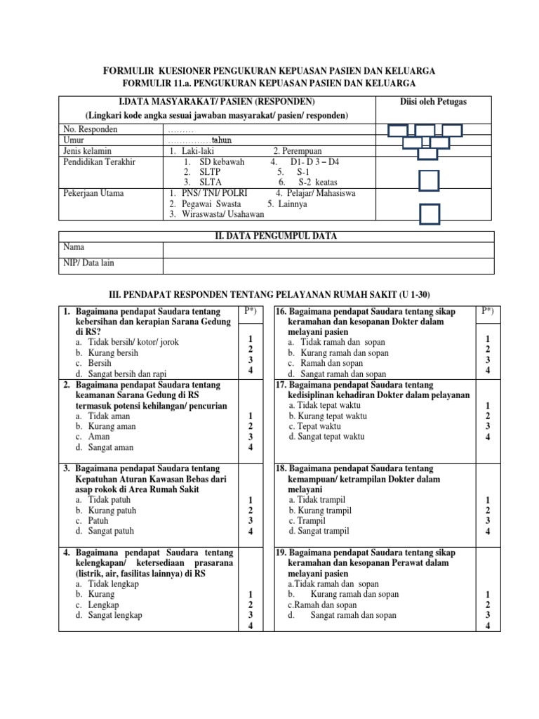 Formulir Kuesioner Pengukuran Kepuasan Pasien Dan Keluarga | PDF