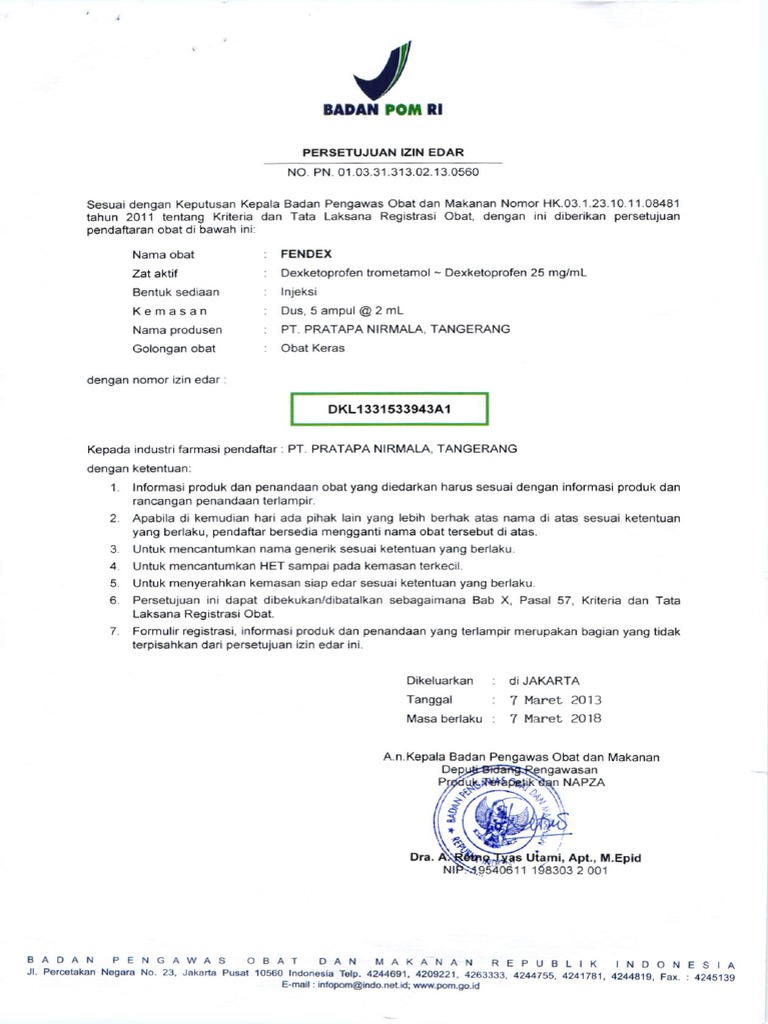 Informasi Izin Edar Obat FENDEX | PDF