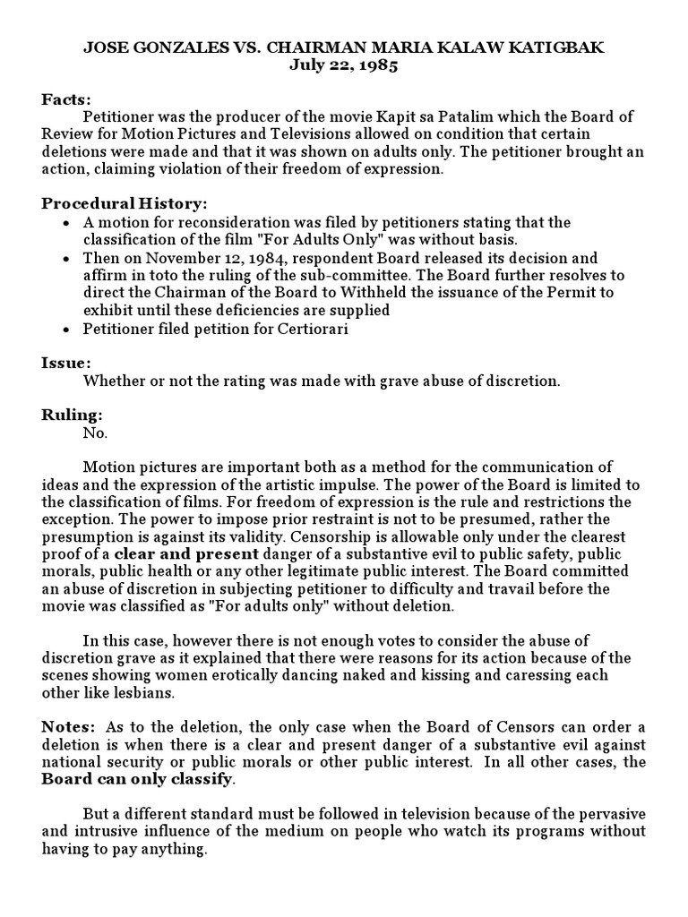 Jose Gonzales vs. Chairman Maria Kalaw Katigbak July 22, 1985 Facts ...