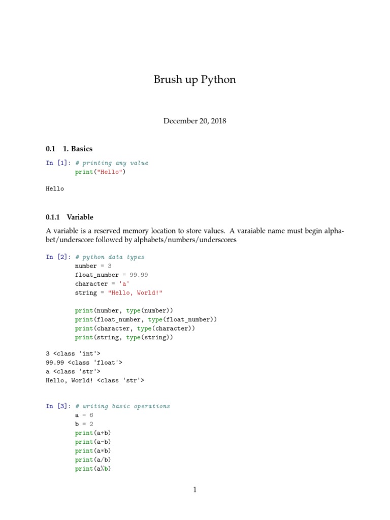 Brush Up Python: 0.1 1. Basics | PDF | Data Type | Variable (Computer ...