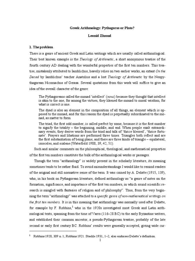 Zhmud Greek - Arithmology - Pythagoras - or - Plato PDF | PDF ...