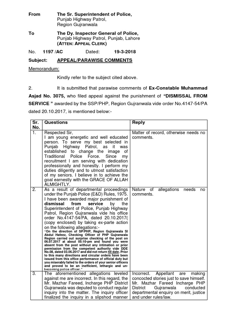 Parawise Comments on Appeal Against Dismissal from Service by Ex ...