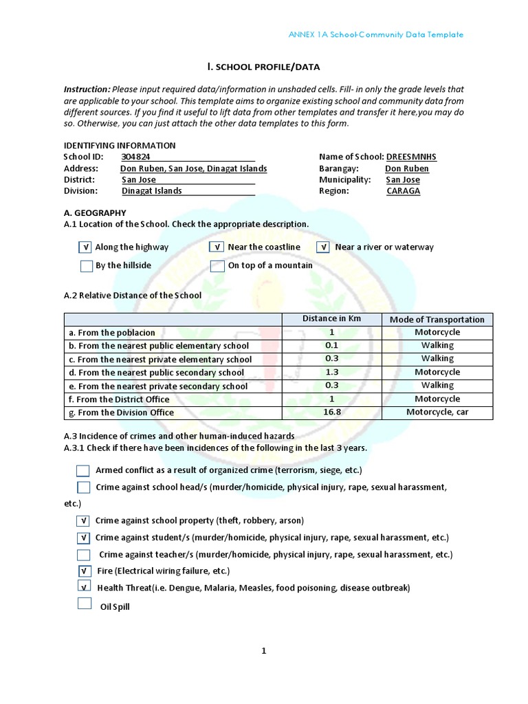 DREESMNHS - SIP Annex 1A-SRC School-Communty Data Template | PDF | Natural Hazards | Hazards