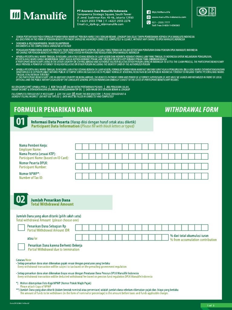 Formulir Penarikan Dana DPLK Manulife - 20140827 PDF | PDF
