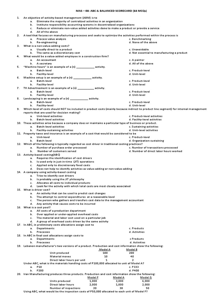 ABC & Balanced Scorecard MCQs | PDF | Cost | Business Economics