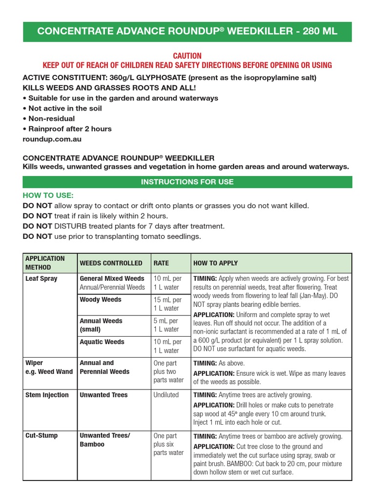 Roundup Advance Liquid Concentrate 280ml-Label | Weed | Herbicide