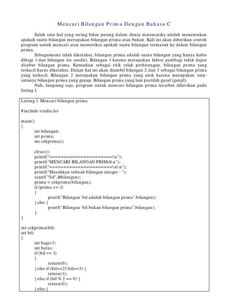 Contoh 6. Mencari Bilangan Prima Dengan Bahasa C | PDF