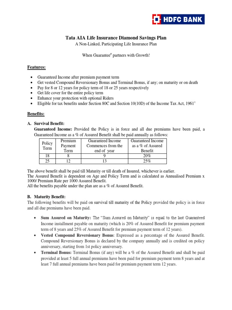 Tata AIA Life Diamond Savings Plan | PDF | Life Insurance | Insurance