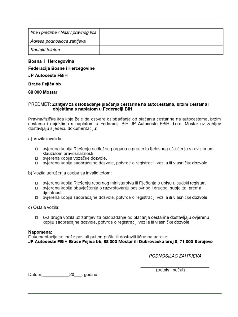 Zahtjev Za Oslobađanje Plaćanja Cestarine | PDF