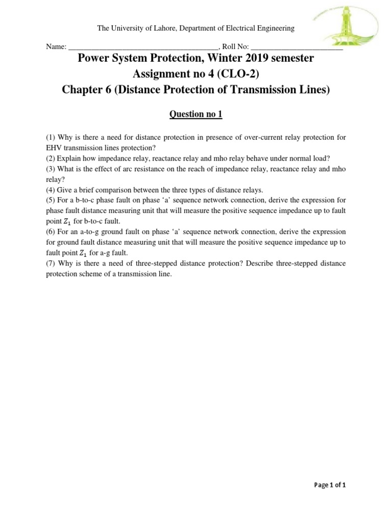 Power System Protection, Winter 2019 Semester Assignment No 4 (CLO-2 ...