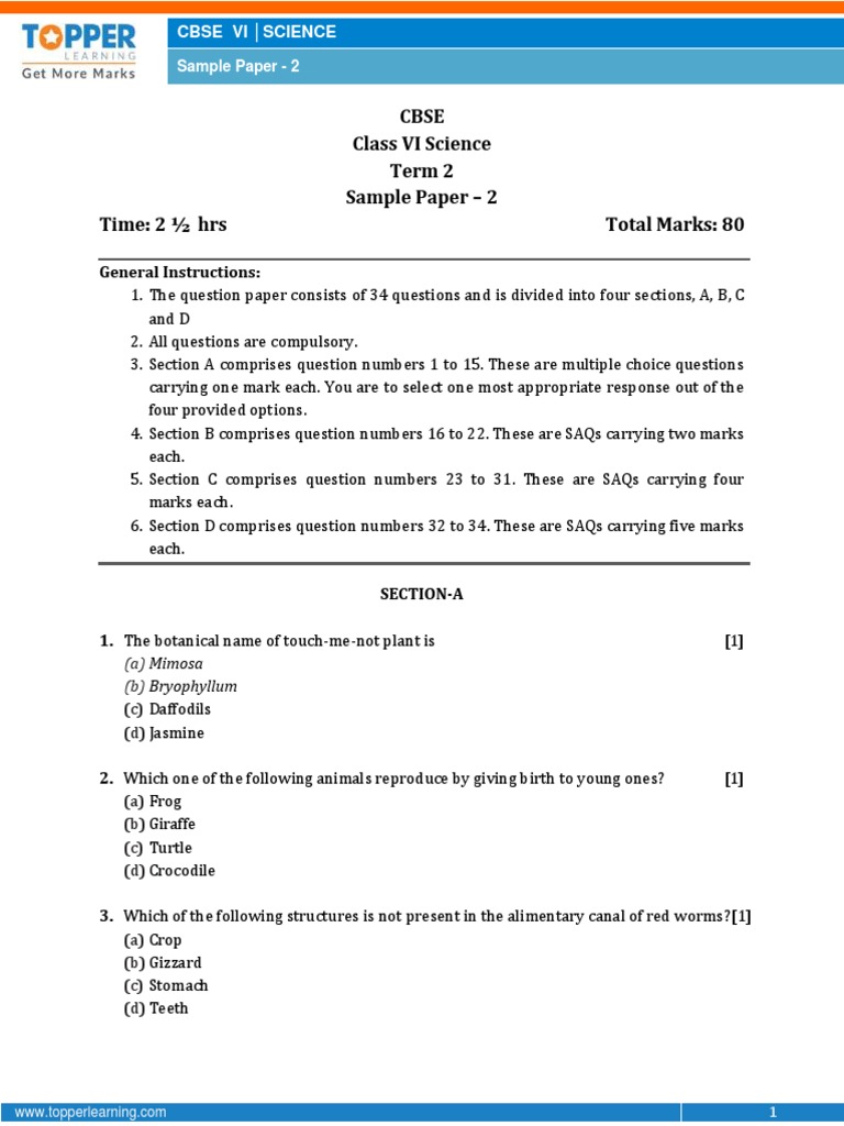 Cbse Class VI Science Term 2 Sample Paper - 2 Time: 2 Hrs Total Marks ...