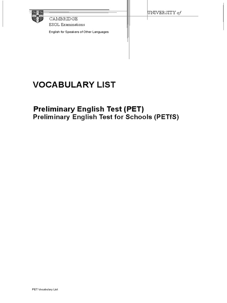 Vocabulary: Preliminary Test (PET) | PDF | Verb | Semiotics