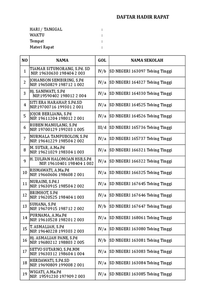 Daftar Hadir Rapat Kepsek | PDF