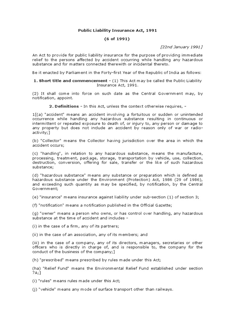 Public Liability Insurance Act, 1991 (6 of 1991) : (22nd January 1991 ...