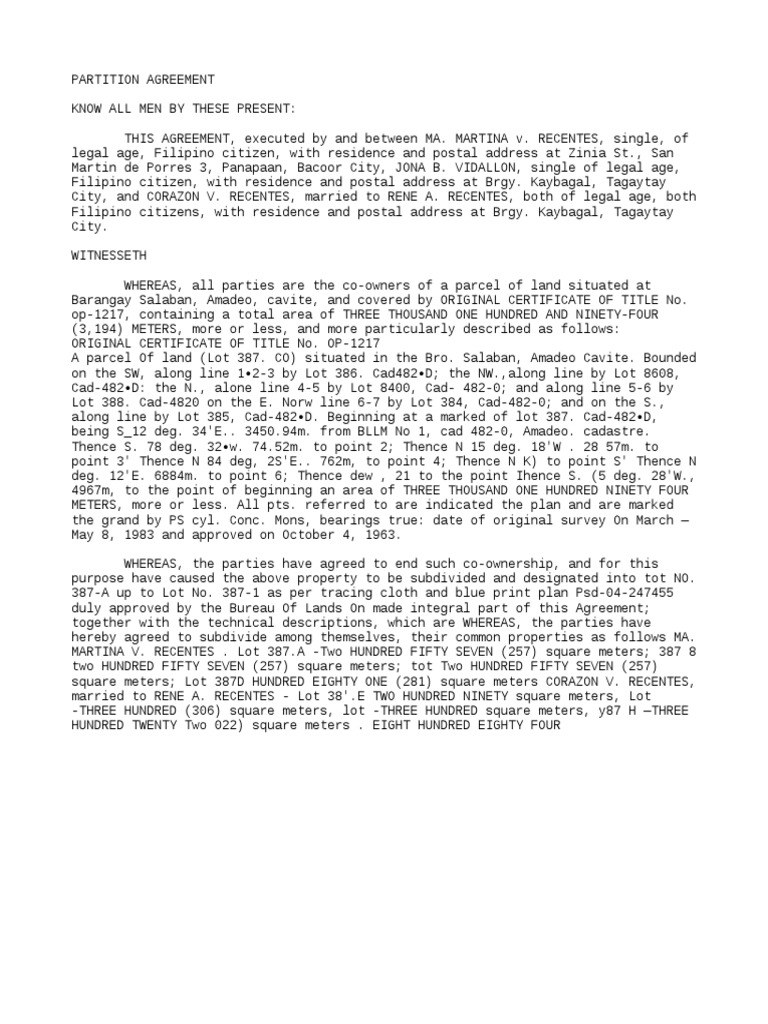 Deed of Partition Agreement Format | PDF | Natural Resources Law | Real ...