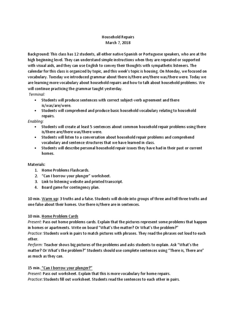 Household Repairs ESL Lesson Plan | PDF | Vocabulary | Conversation